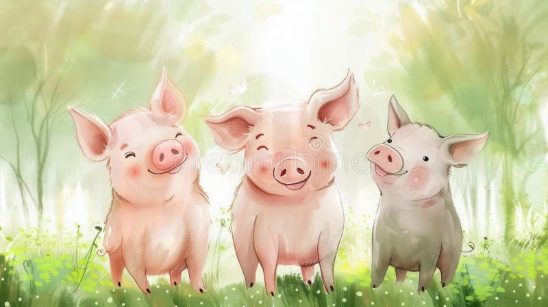 Three Little Cute Pink Pigs Standing in the Green Grass and Smiling ...