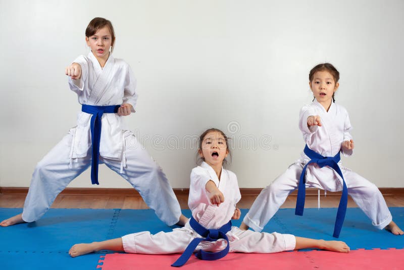 Children Work Out Techniques of Martial Arts. Fighting Position Stock ...