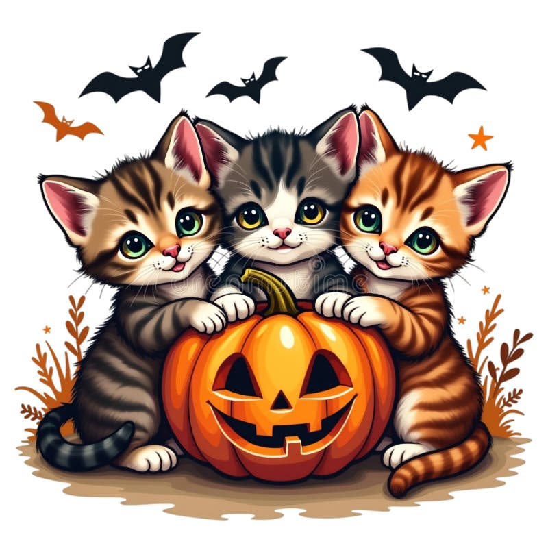 Three Little Kittens and a Big Orange Pumpkin Stock Image ...
