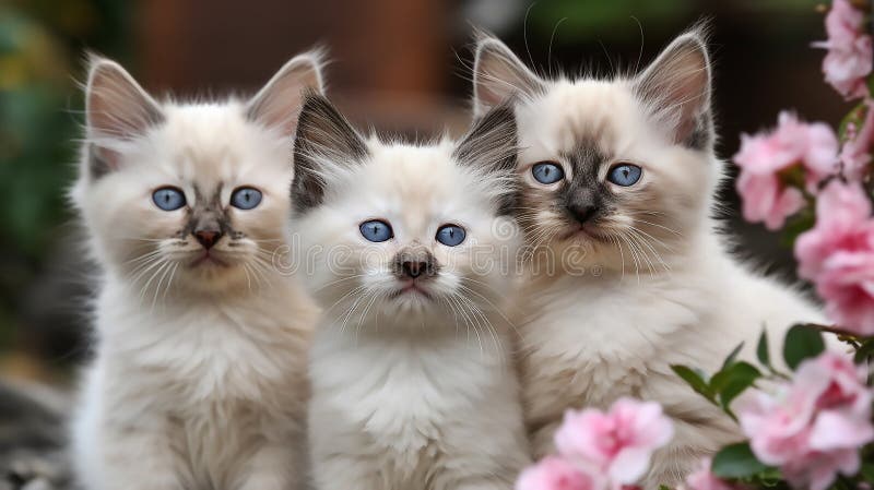 Three Little Kittens Sitting Near Pink Flowers, Generative Ai Tools ...
