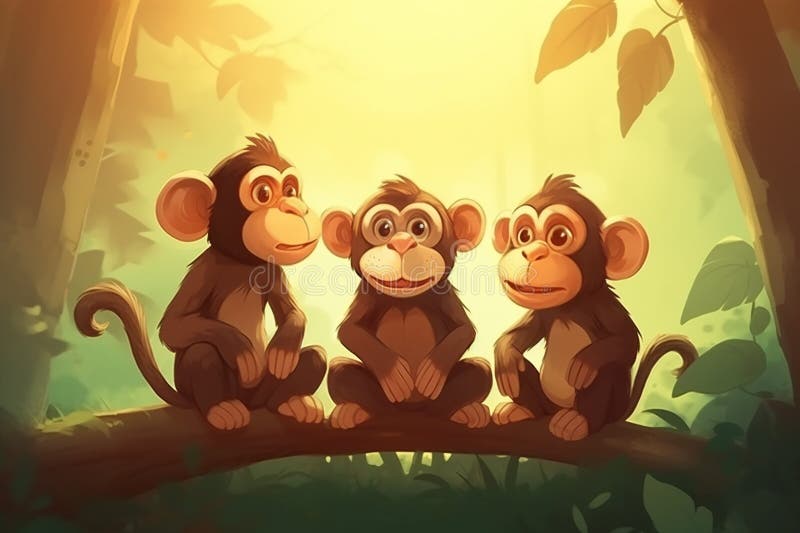 3 Cartoon Monkeys In Trees
