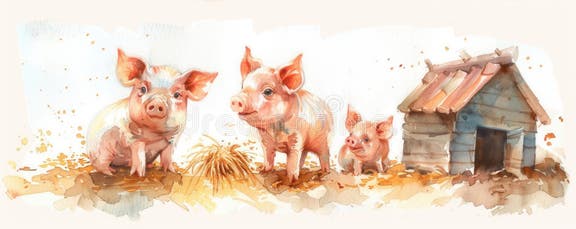 Three Little Pigs Standing in Front of a Barn Stock Illustration ...