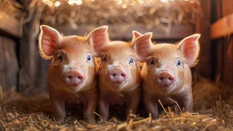 Three Little Pigs Standing in Pile of Hay Stock Photo - Image of pigs ...