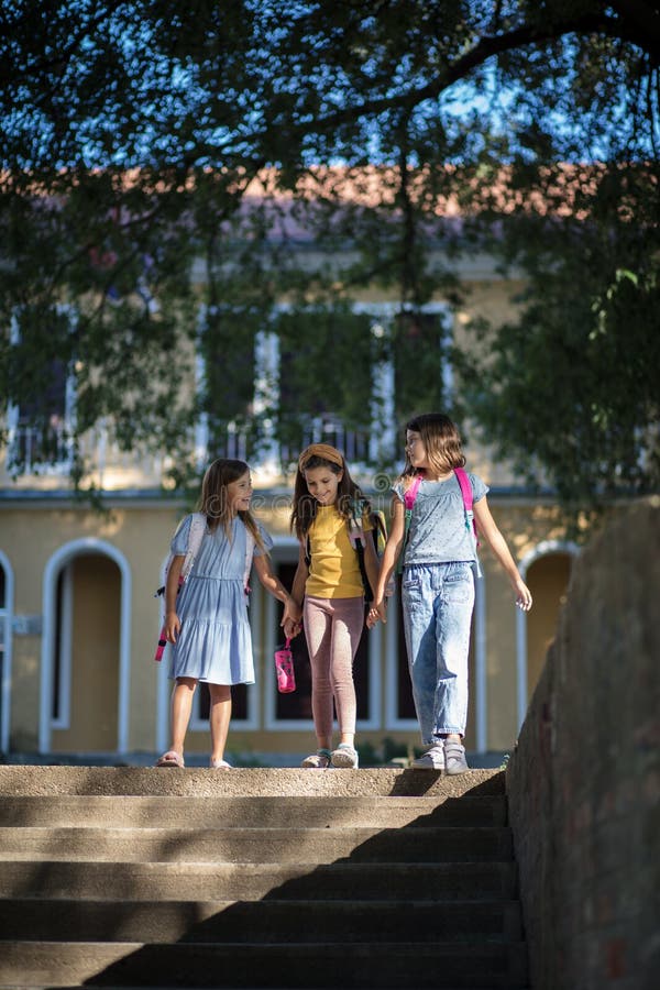 The Three Girls Return from School Together Stock Image - Image of ...