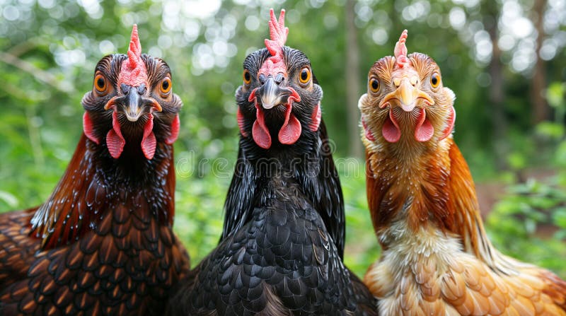 Vibrant Trio of Chickens in Lush Green Farm Setting, Generative AI ...