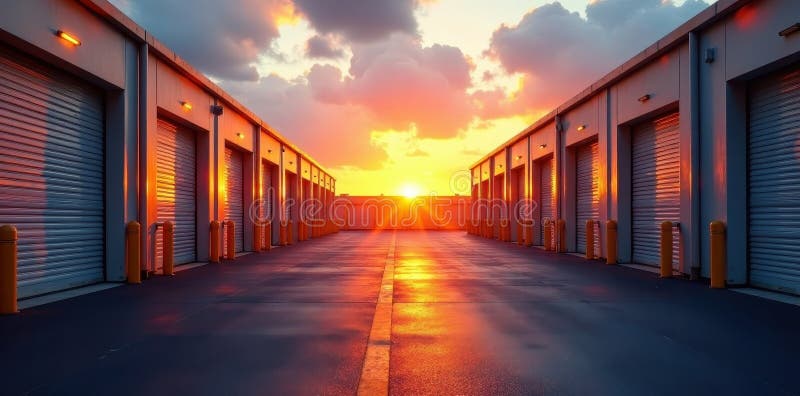 Three Loading Bays at Sunset; Security Gates Closed Shipping Exterior ...