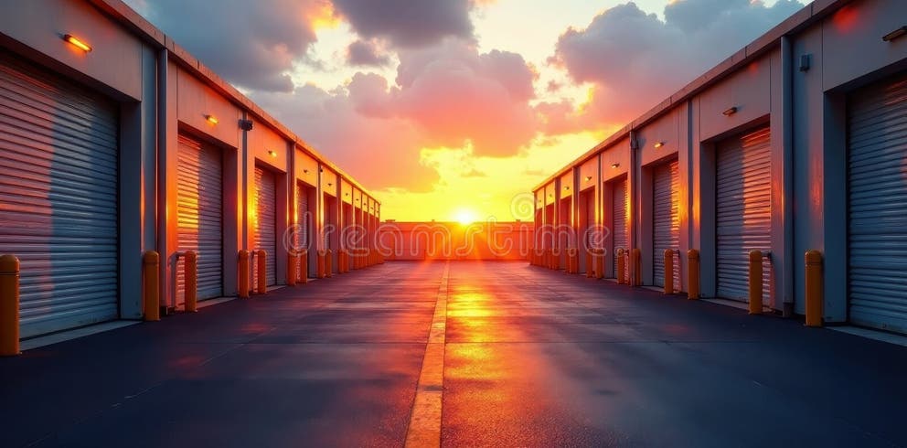 Three Loading Bays at Sunset; Security Gates Closed Shipping Exterior ...