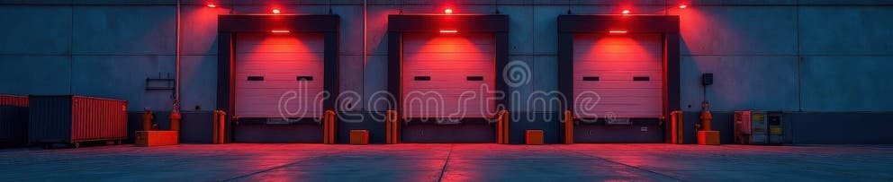 Three Loading Docks, Dusk Light, Lowered Security Barriers , Industrial ...