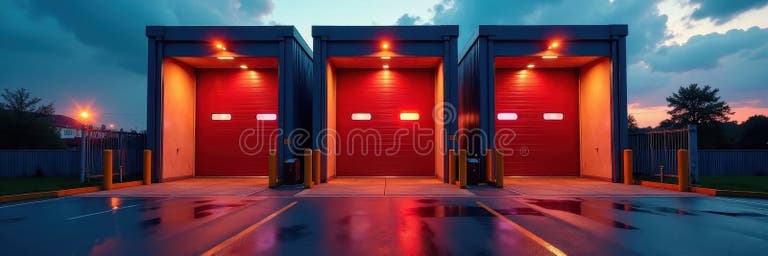 Three Loading Docks, Dusk, Security Barriers Raised , Barrier ...