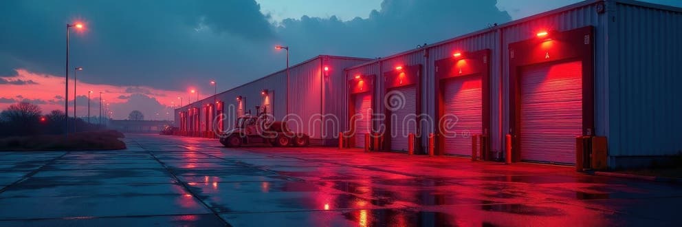 Three Loading Docks, Dusk, Security Barriers Raised , Building, Dusk ...