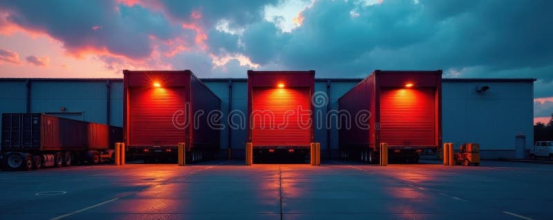 Three Loading Docks at Dusk, Security Barriers Raised , Control ...
