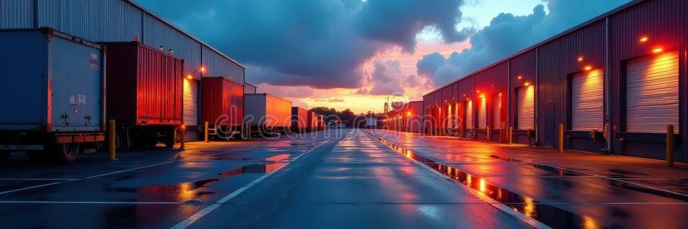 Three Loading Docks Dusk Security Barriers Raised Exterior Building ...