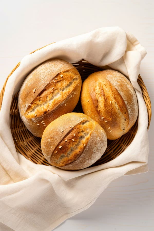 Three Loaves of Bread in Basket on Table. Generative AI Stock Photo ...