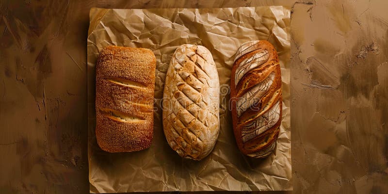 Three Loaves of Bread on Brown Paper Stock Photo - Image of roll ...