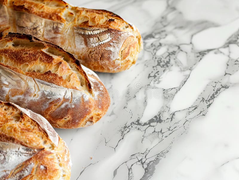 Three Loaves of Bread on a Marble Table Stock Image - Image of baked ...