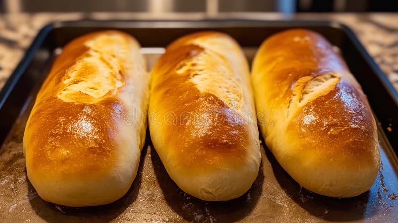 Three Loaves of Bread Sitting on Top of a Baking Sheet Stock Photo ...