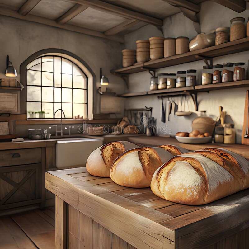 Three Loaves of Fresh Bread on a Wooden Counter in a Rustic Kitchen ...