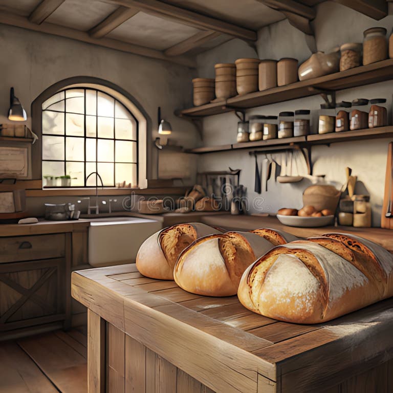 Three Loaves of Fresh Bread on a Wooden Counter in a Rustic Kitchen ...