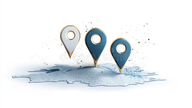 Three Location Pins, One White and Two Blue, Stand on a Blue Splatter ...