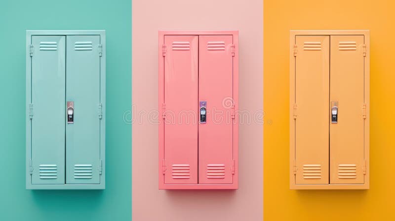 Three Lockers in Blue, Pink, and Yellow Against a Wall of Matching ...