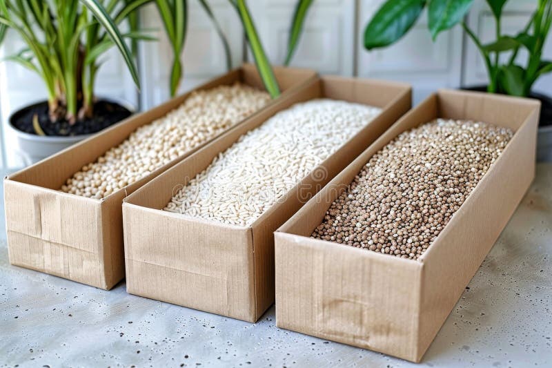 Three Long Cardboard Boxes Filled with Grains Rice, Wheat, and Birdseed ...