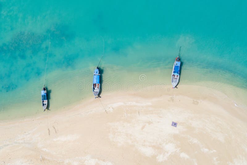 Three Long Tail Boat on the Beach Aerial View Stock Image - Image of ...