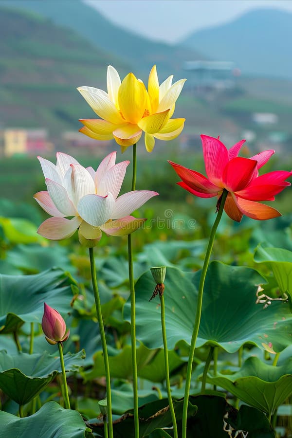 Three Lotus Flowers are Growing in a Field Stock Photo - Image of ...