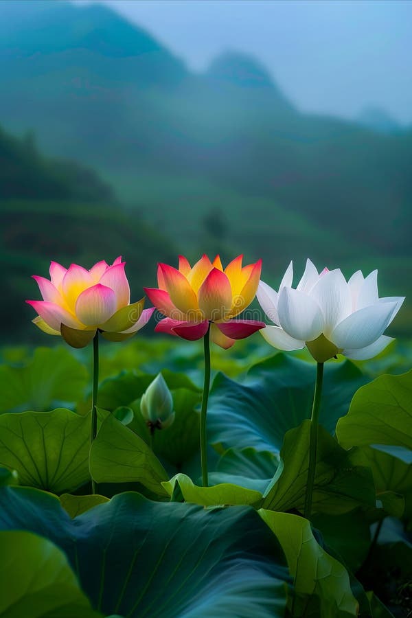 Three Lotus Flowers in the Middle of a Green Field Stock Photo - Image ...