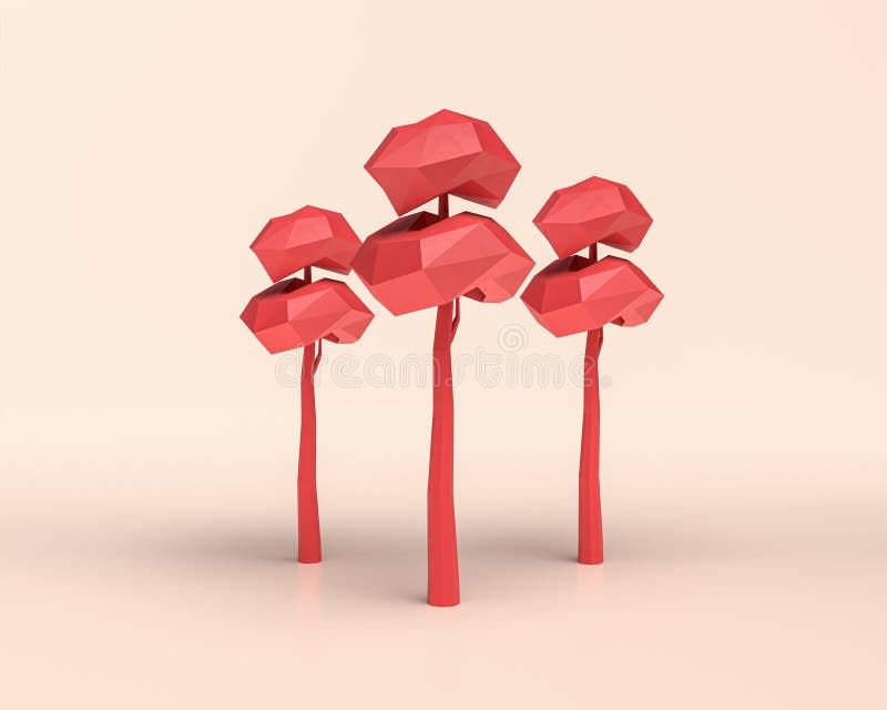 Three Low Poly Trees, Monochrome Red Color 3d Icon Tree on White ...