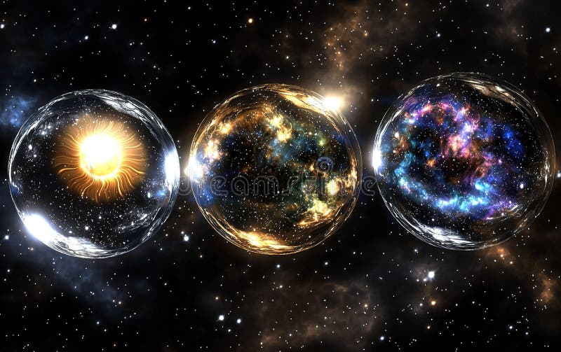 Celestial Spheres Depicting the Sun, a Vibrant Galaxy, and Swirling ...