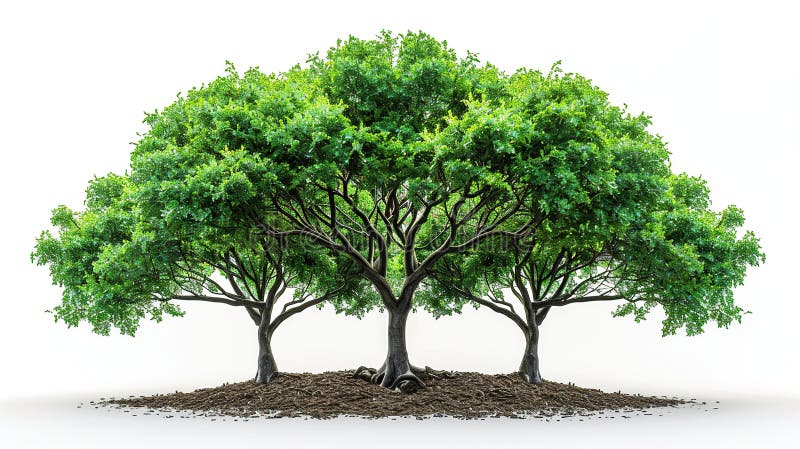 Three Lush Green Trees with Intertwined Branches and a Patch of Brown ...