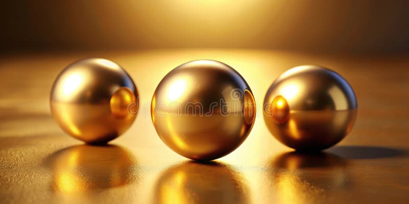 Three Lustrous Golden Spheres Resting on a Reflective Surface, Bathed ...