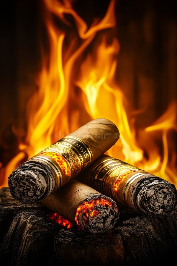 Three Luxury Hand-Rolled Cigars with Gold Bands Resting on Ash in Front ...