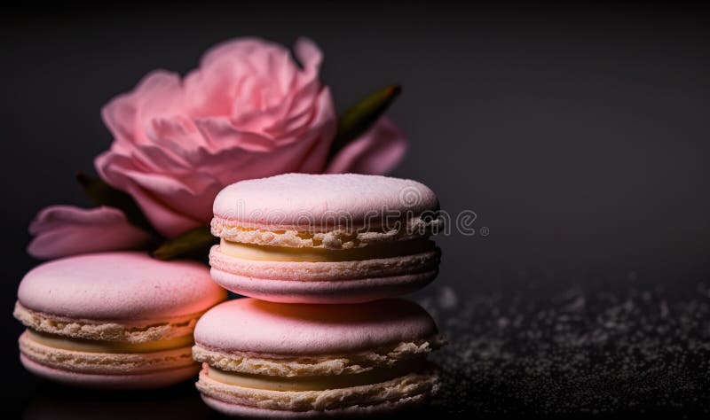 Three Macaroons and a Pink Rose on a Black Surface. Generative Ai Stock ...