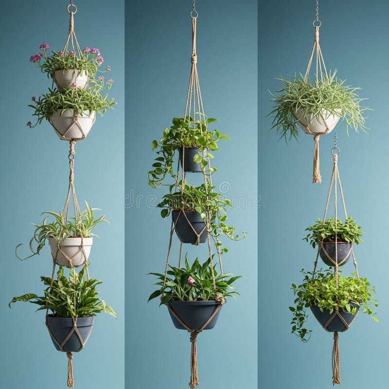 Three Macrame Plant Hangers are Displayed Against a Plain Blue ...
