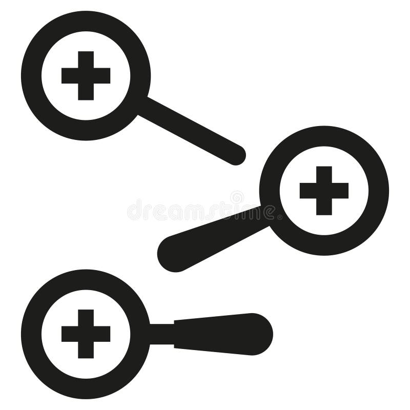 Three Magnifying Glasses. Different Handle Angles. Black Plus Symbols ...