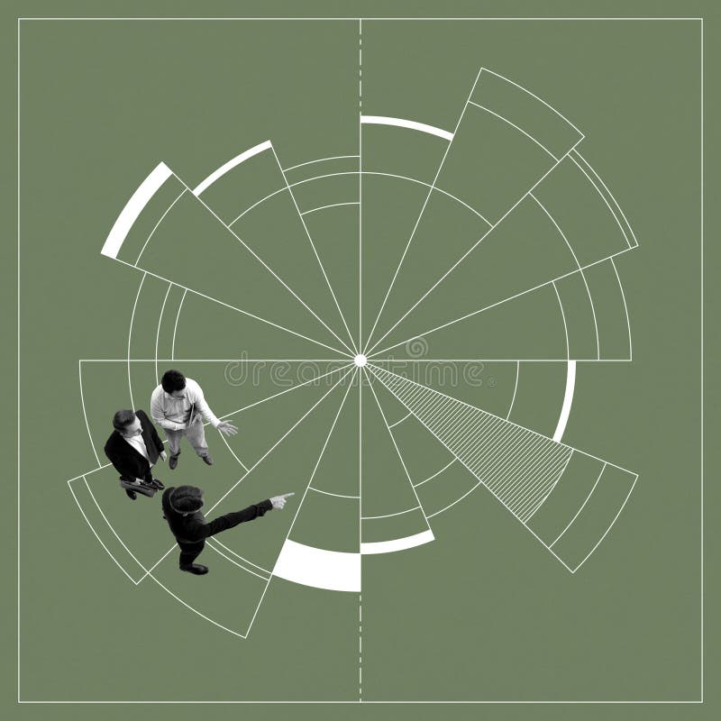 Three Male Employees Standing Inside Radial Chart Discussing Strategies ...