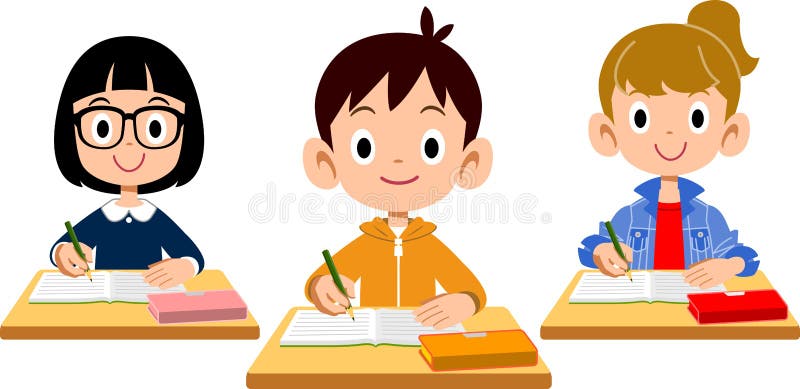 Three Male and Female Elementary School Students Taking Classes Stock ...