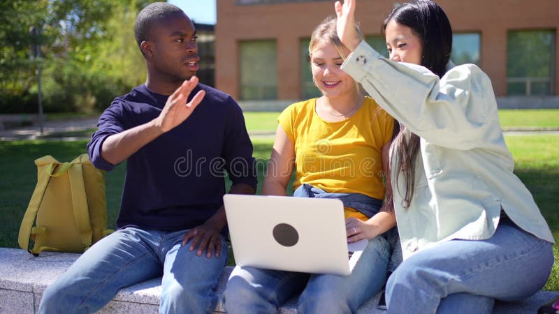Multi-ethnic Students Sitting Using Mobile in the Campus Stock Video ...