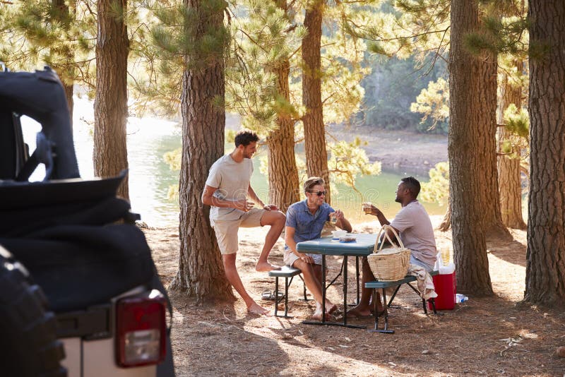 Three Male Friends Talking at a Picnic Table by a Lake Stock Photo ...