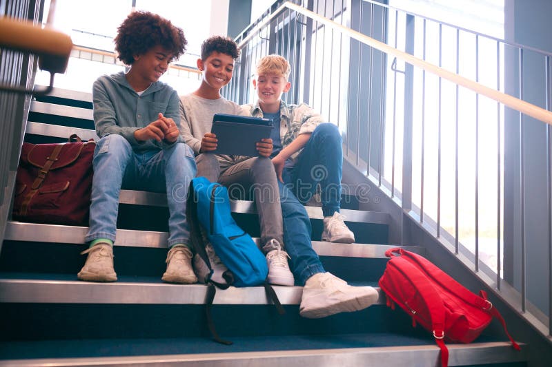 Three Male Secondary or High School Pupils Inside School Building on ...