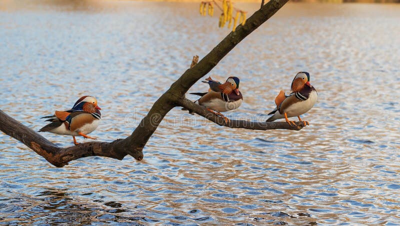 Three Mandarin Ducks on a Tree Branch Against the Backdrop of a Lake ...