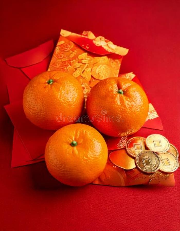 Three Mandarin Oranges, Envelopes and Coins for CNY Stock Illustration ...