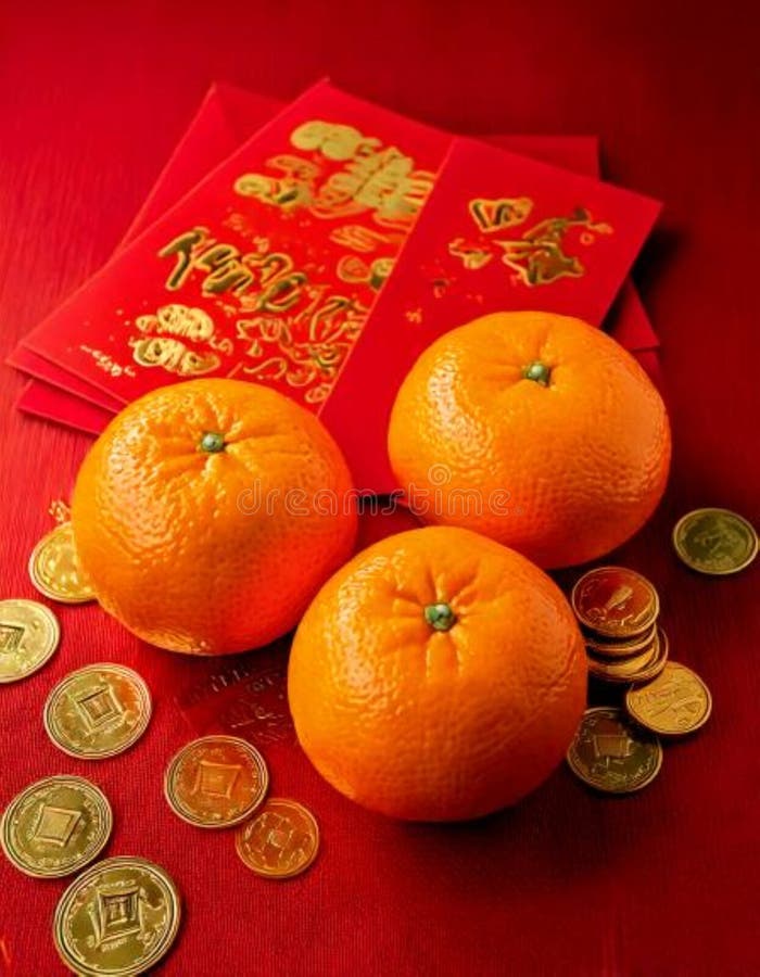 Three Mandarin Oranges, Envelopes and Coins for CNY Stock Illustration ...