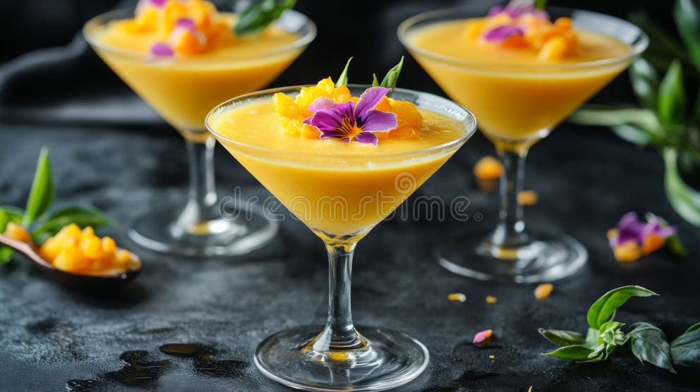 Three Mango Desserts Garnished with Edible Flowers Stock Illustration ...