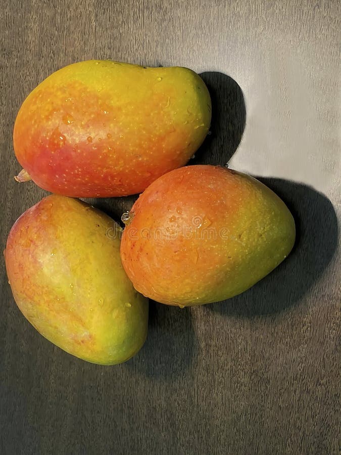 Three Mango Fruit with Water Drops on Brown Wooden Table Stock Photo ...