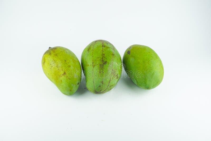 Three Mangoes with Green Skin on White Background Stock Image - Image ...