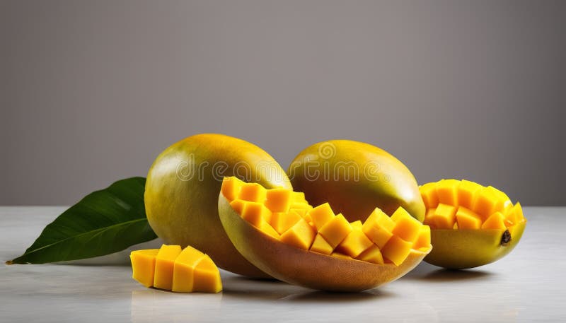 Three mangoes on a table stock illustration. Illustration of tropical ...