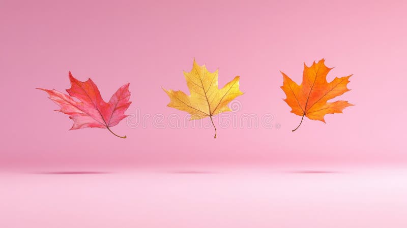 Three Maple Leaves Hovering Against a Pink Background. Nature and ...
