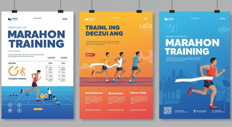 Three Marathon Training Posters with Bold Graphics and Vibrant Colors. the Left Poster Stock ...